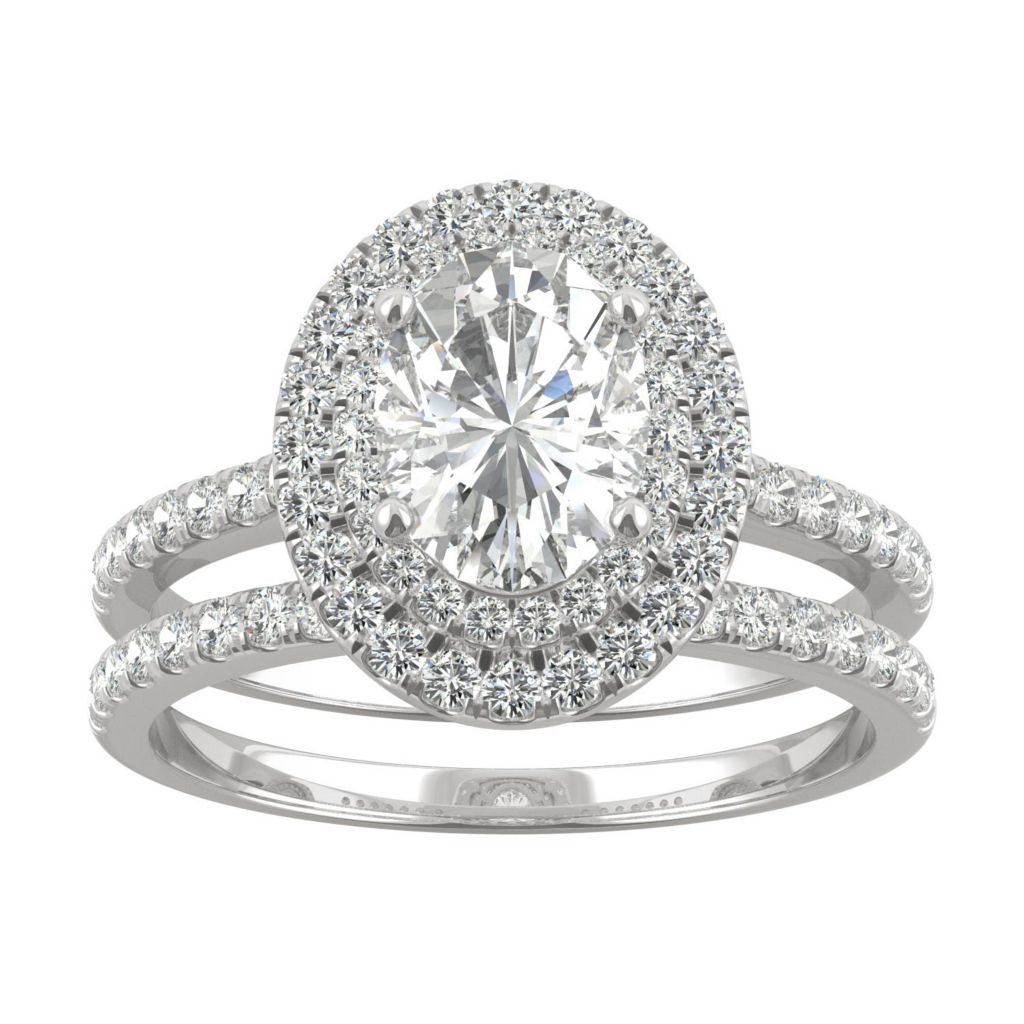 Moissanite by Charles Colvard 14K White Gold 2.22 Dew Oval Halo Split Shank Ring