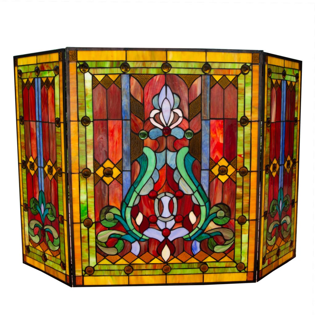 (ShopHQ) Tiffany-Style 28″ Fleur-de-lis Stained Glass Fireplace Screen ...