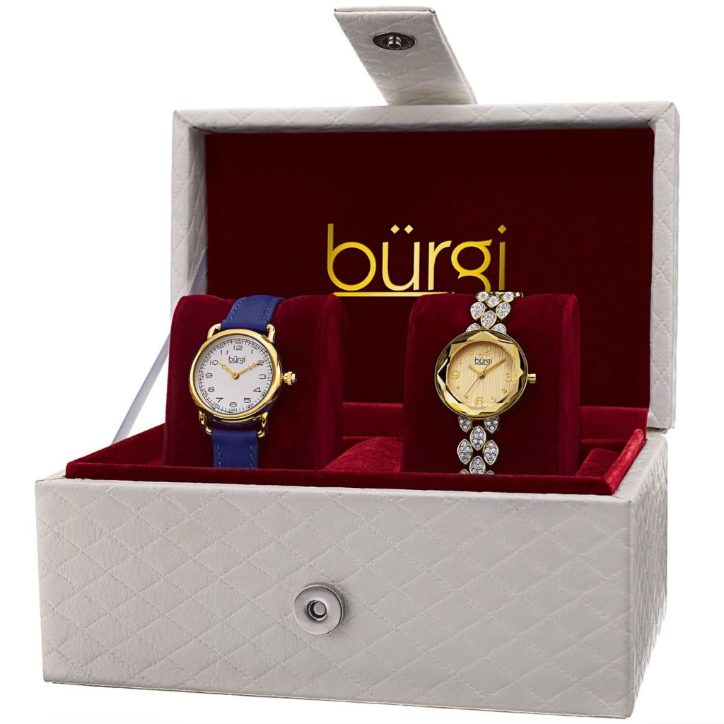 Burgi Women s Set of 2 Quartz Strap Bracelet Watch Set Made w Swarovski Crystals