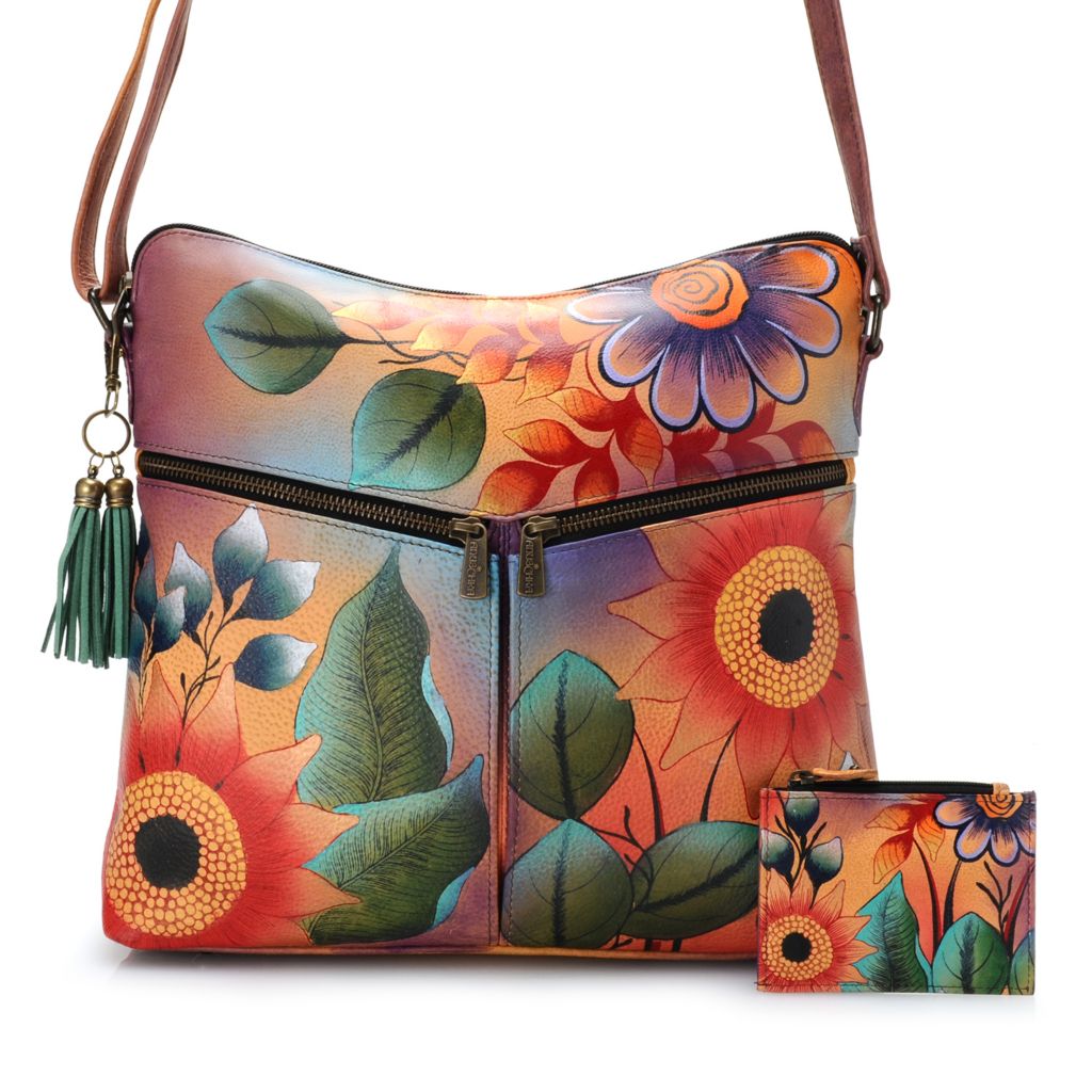 (ShopHQ) Anuschka Three-Piece Hand-Painted Leather Shoulder Bag w/ Card ...