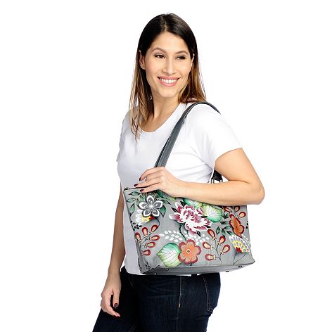 (ShopHQ) Anuschka Hand-Painted Leather East-West Zip Top Double Handle ...