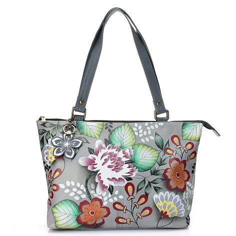 (ShopHQ) Anuschka Hand-Painted Leather East-West Zip Top Double Handle ...