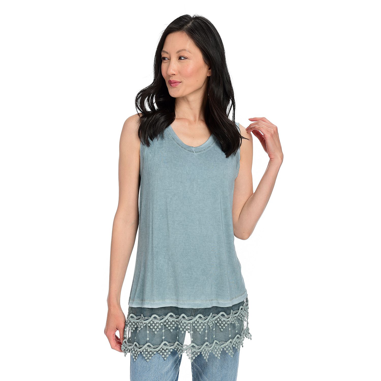 (ShopHQ) Indigo Thread Co.™ Knit & Mesh Pigment Washed Scoop Neck Lace ...