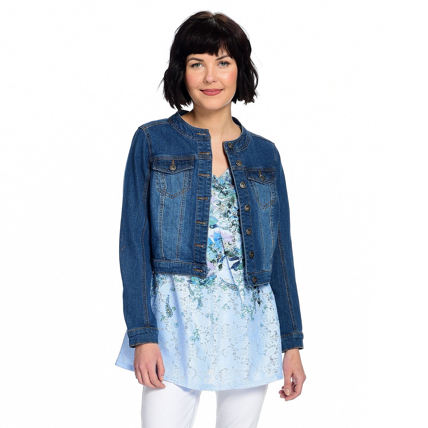 (ShopHQ) One World Lace Short Sleeve Embellished V-Neck Top & Denim ...