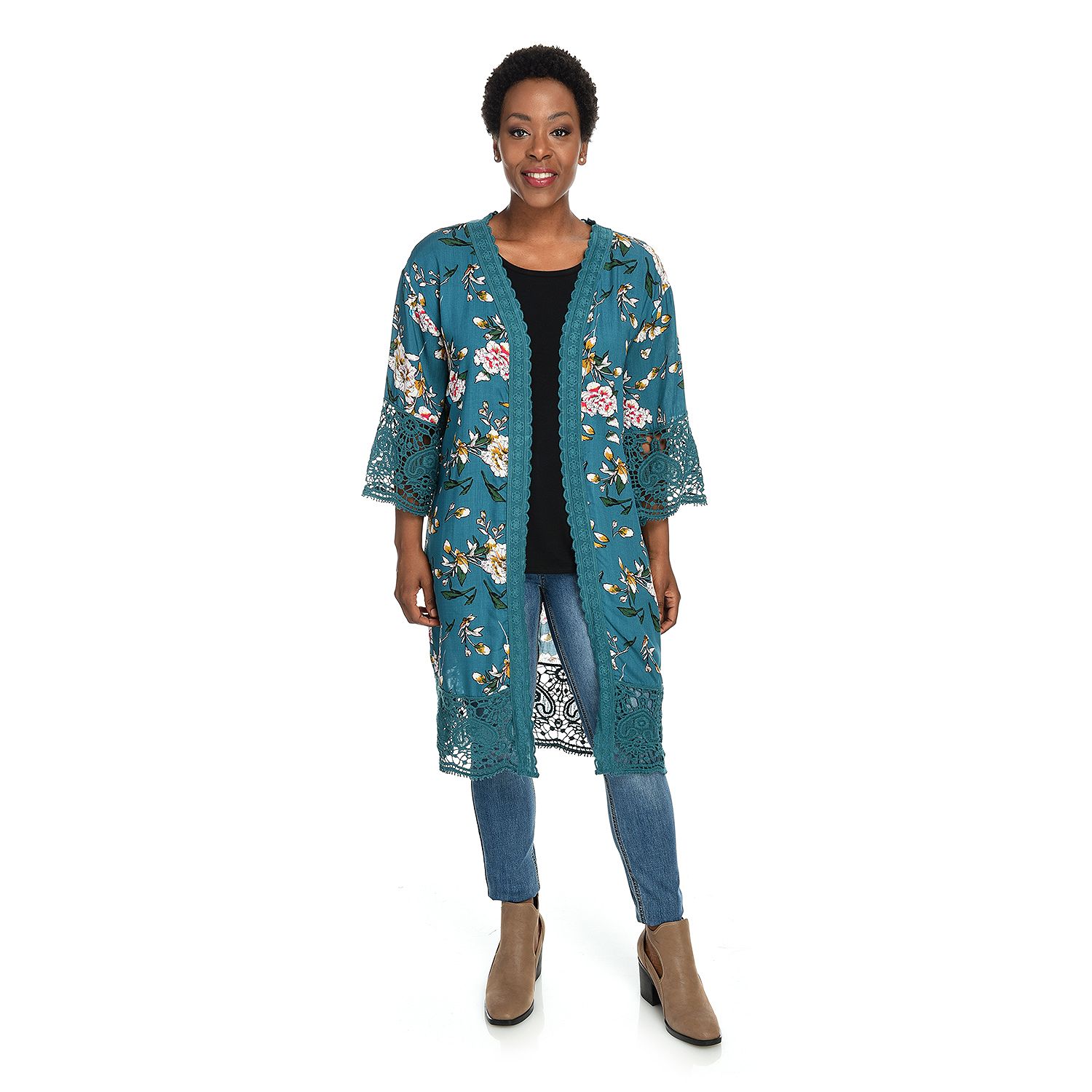 (ShopHQ) Indigo Thread Co.™ Woven 3/4 Sleeve Open Front Crochet Lace ...