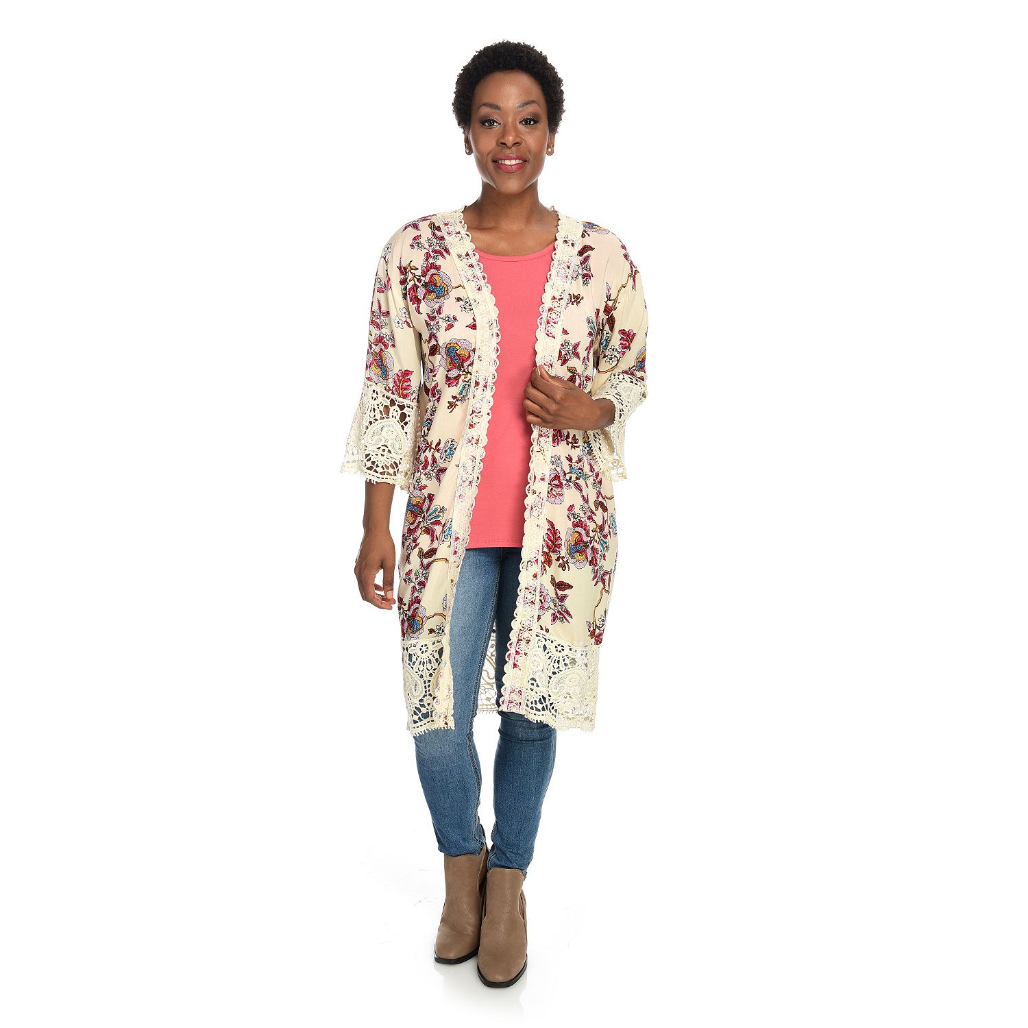 (ShopHQ) Indigo Thread Co.™ Woven 3/4 Sleeve Open Front Crochet Lace ...