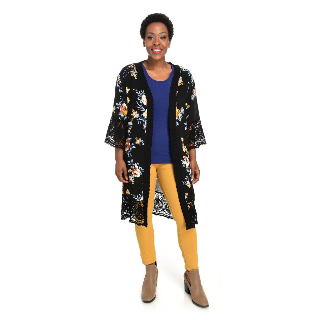 Indigo Thread Co.™ Woven 3/4 Sleeve Open Front Crochet Lace Trimmed ...