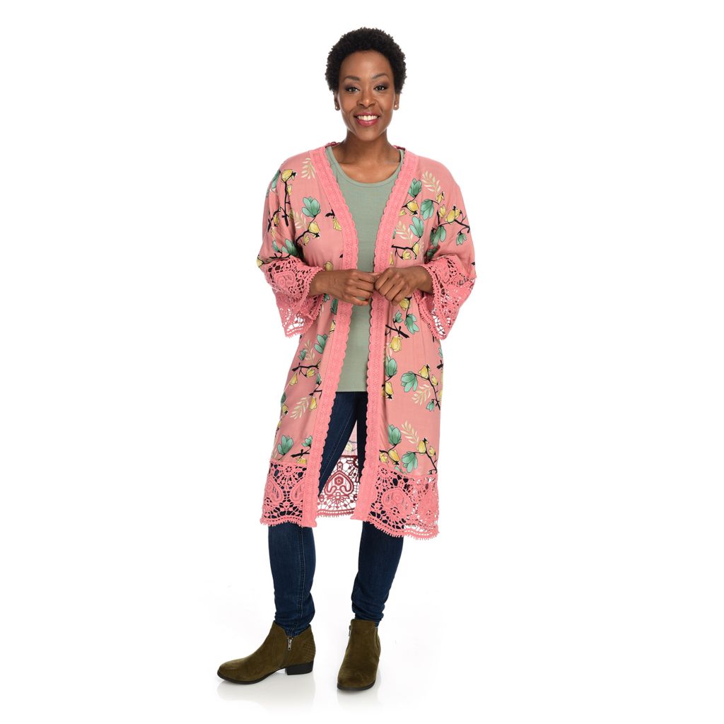 Indigo Thread Co.™ Woven 3/4 Sleeve Open Front Crochet Lace Trimmed ...