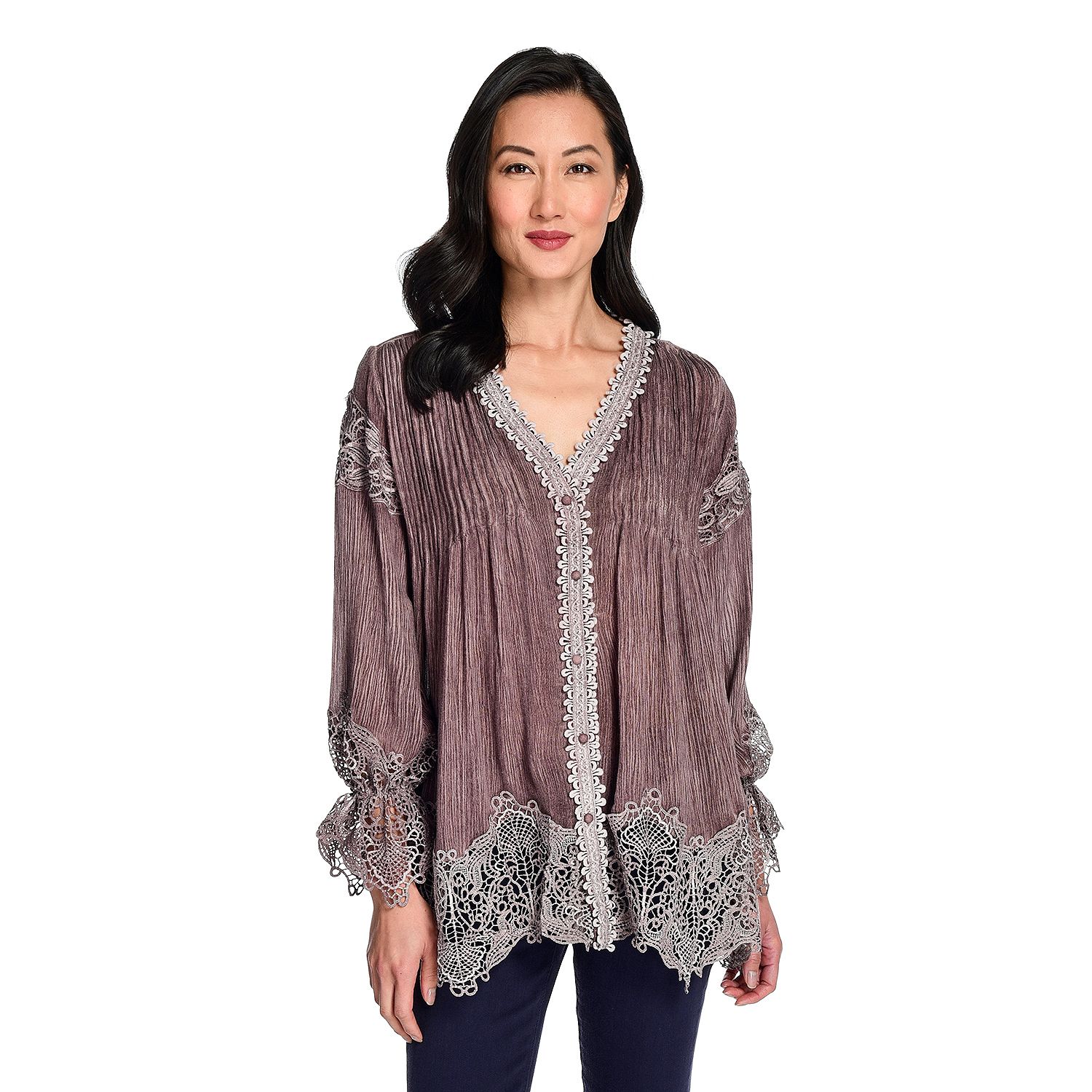 (ShopHQ) Indigo Thread Co.™ Woven Crepe Pigment Washed & Lace Detailed ...