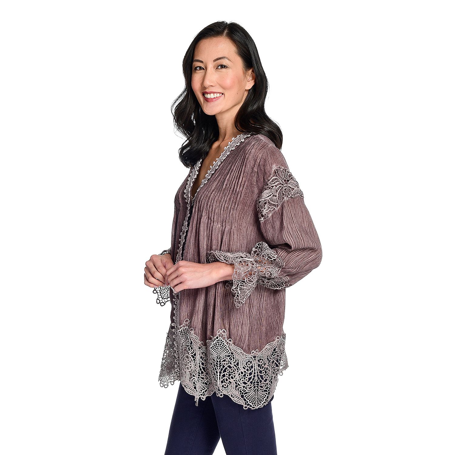 (ShopHQ) Indigo Thread Co.™ Woven Crepe Pigment Washed & Lace Detailed ...