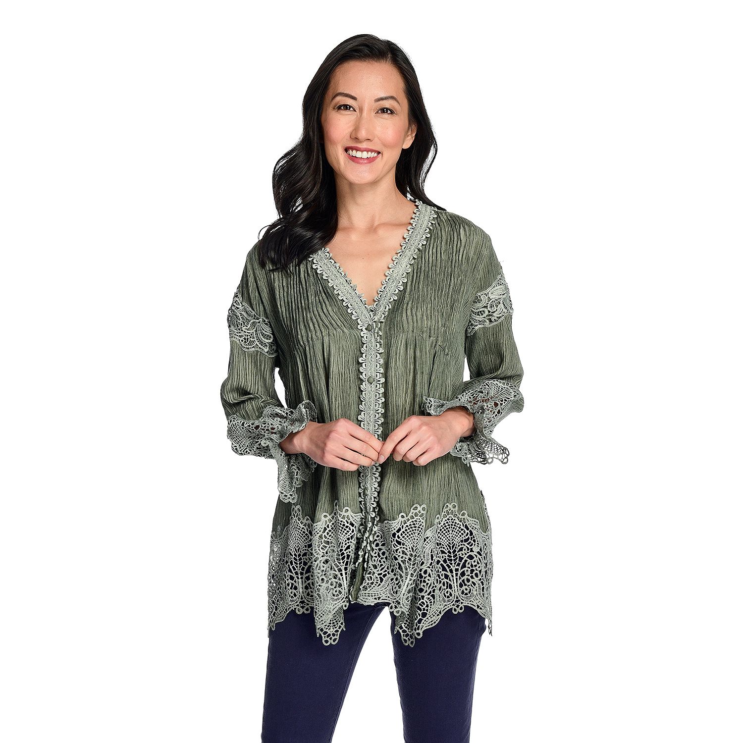 (ShopHQ) Indigo Thread Co.™ Woven Crepe Pigment Washed & Lace Detailed ...