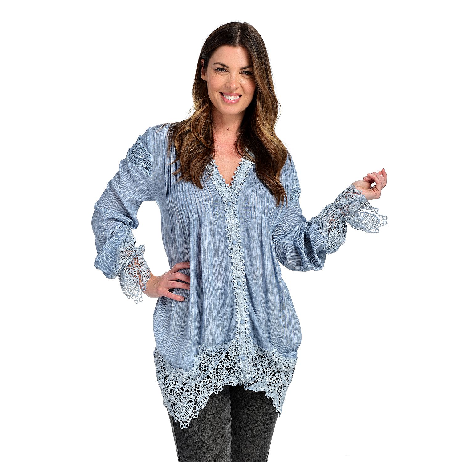 (ShopHQ) Indigo Thread Co.™ Woven Crepe Pigment Washed & Lace Detailed ...