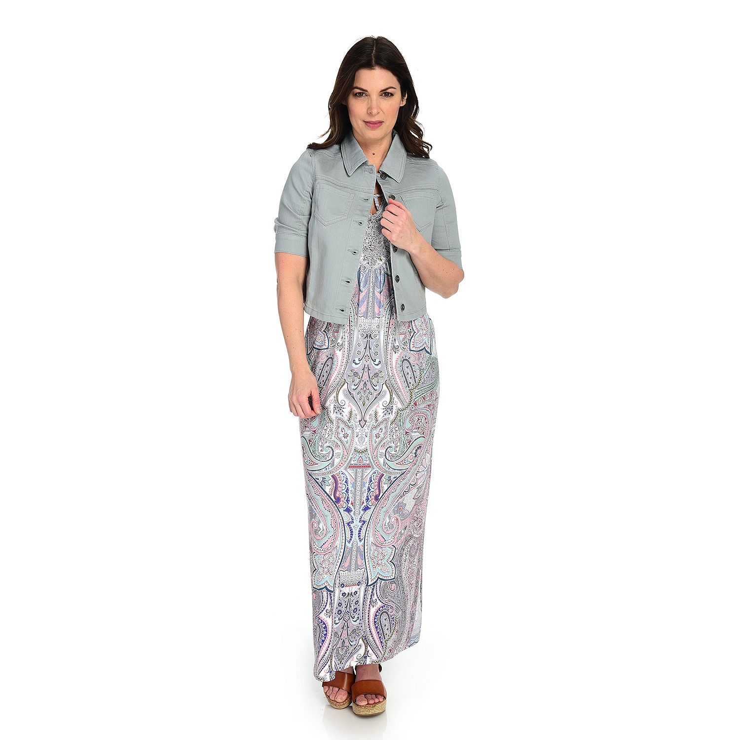 (ShopHQ) One World Stretch Denim Jacket & Printed Maxi Dress Set ...