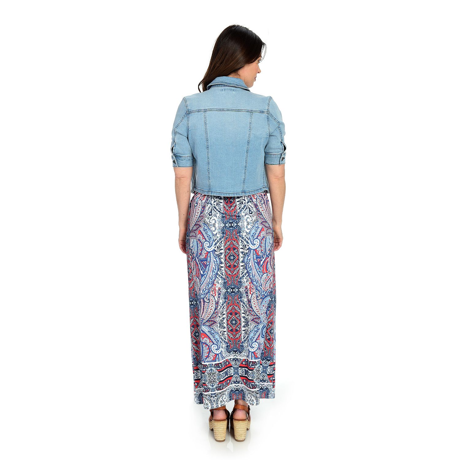 (ShopHQ) One World Stretch Denim Jacket & Printed Maxi Dress Set ...