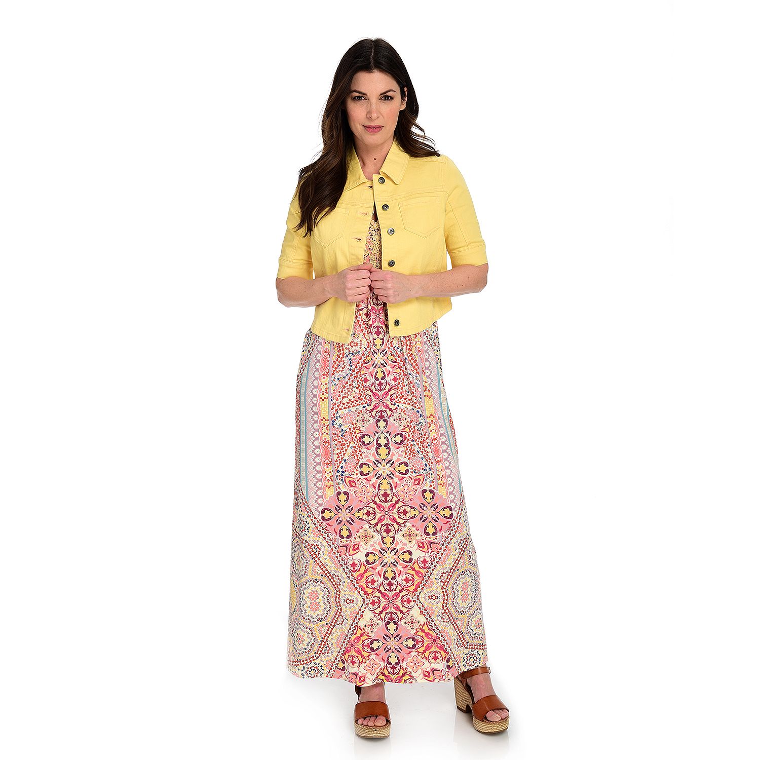 (ShopHQ) One World Stretch Denim Jacket & Printed Maxi Dress Set ...