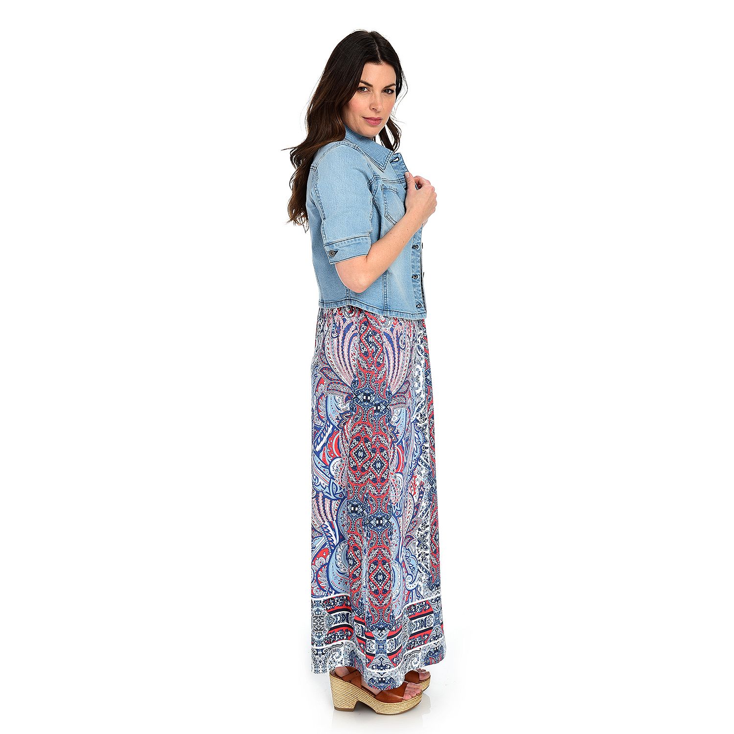 (ShopHQ) One World Stretch Denim Jacket & Printed Maxi Dress Set ...