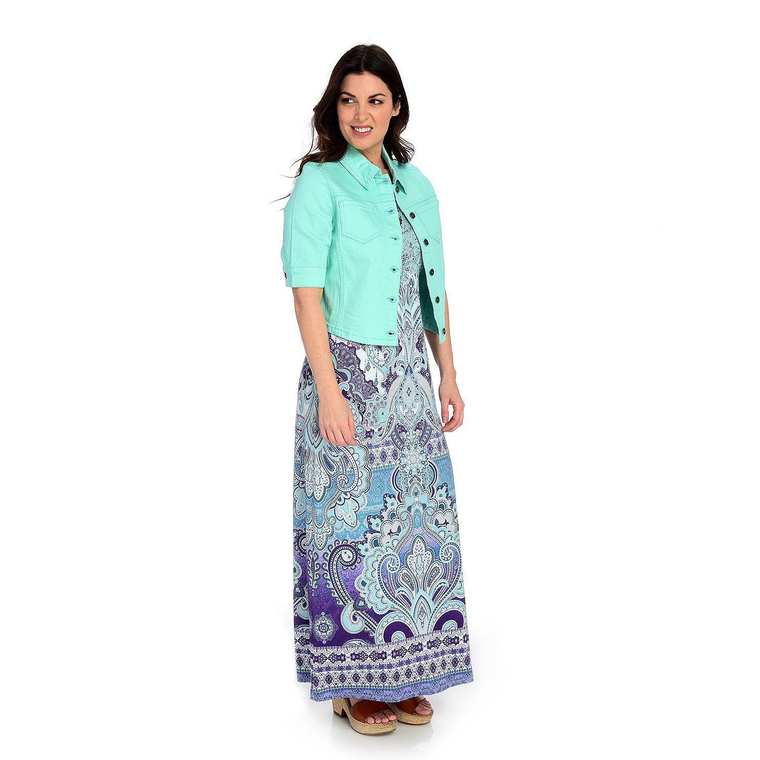 (ShopHQ) One World Stretch Denim Jacket & Printed Maxi Dress Set ...