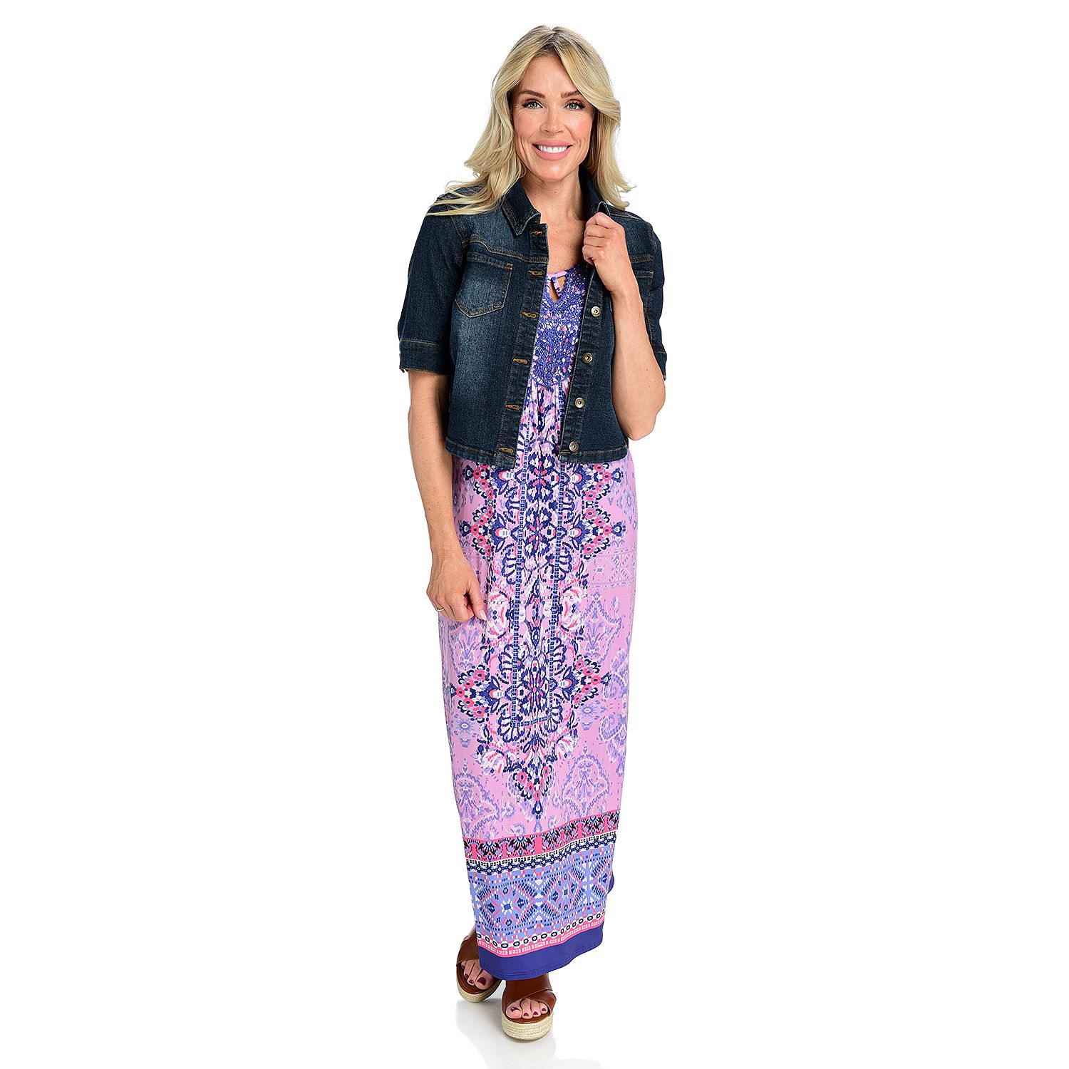 (ShopHQ) One World Stretch Denim Jacket & Printed Maxi Dress Set ...