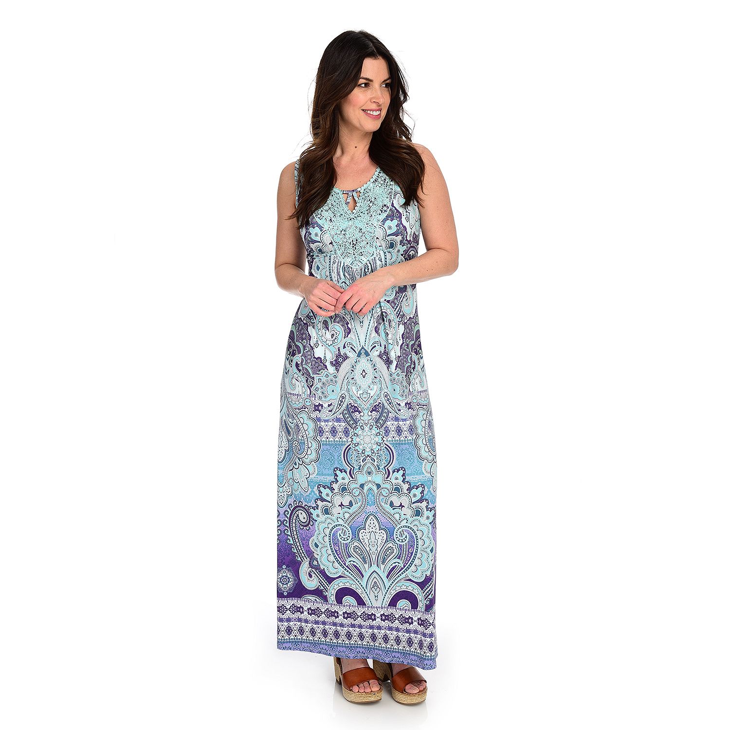 (ShopHQ) One World Stretch Denim Jacket & Printed Maxi Dress Set ...
