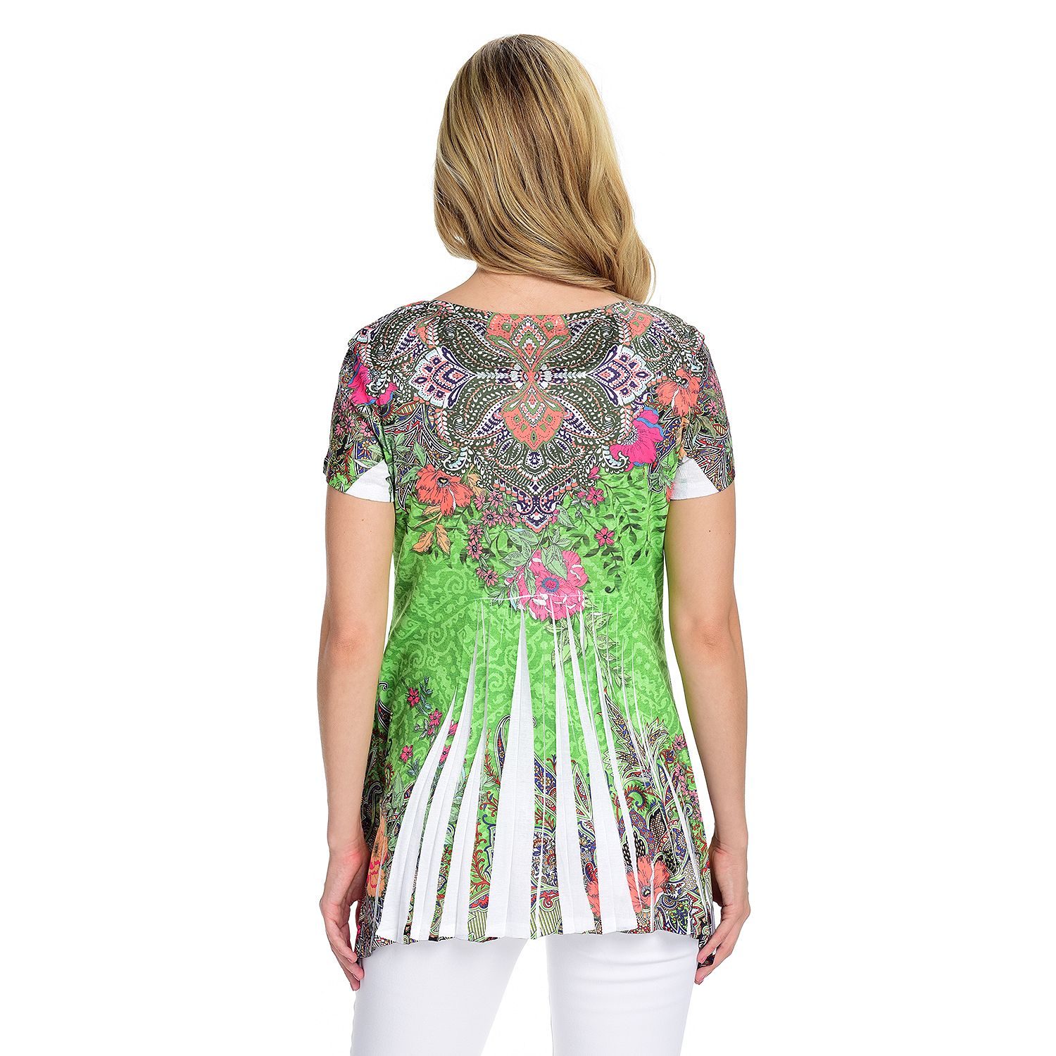 (ShopHQ) One World Printed Knit Short Sleeve Scoop Neck Bustle Back Top ...