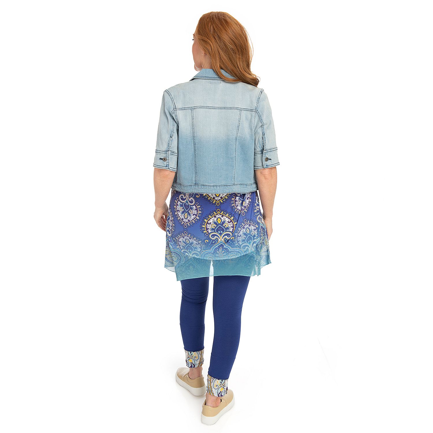 (ShopHQ) One World Stretch Denim Jacket, Printed Knit Top & Leggings ...