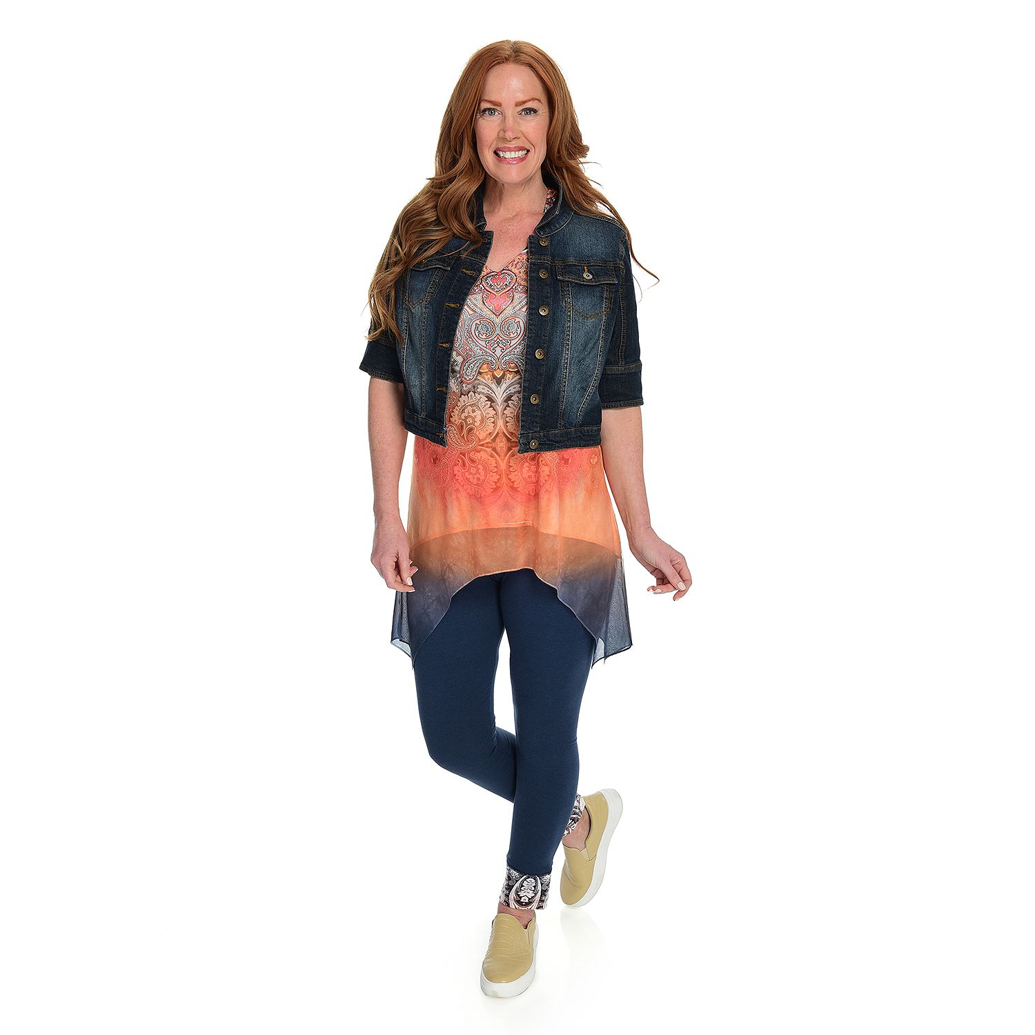 (ShopHQ) One World Stretch Denim Jacket, Printed Knit Top & Leggings ...