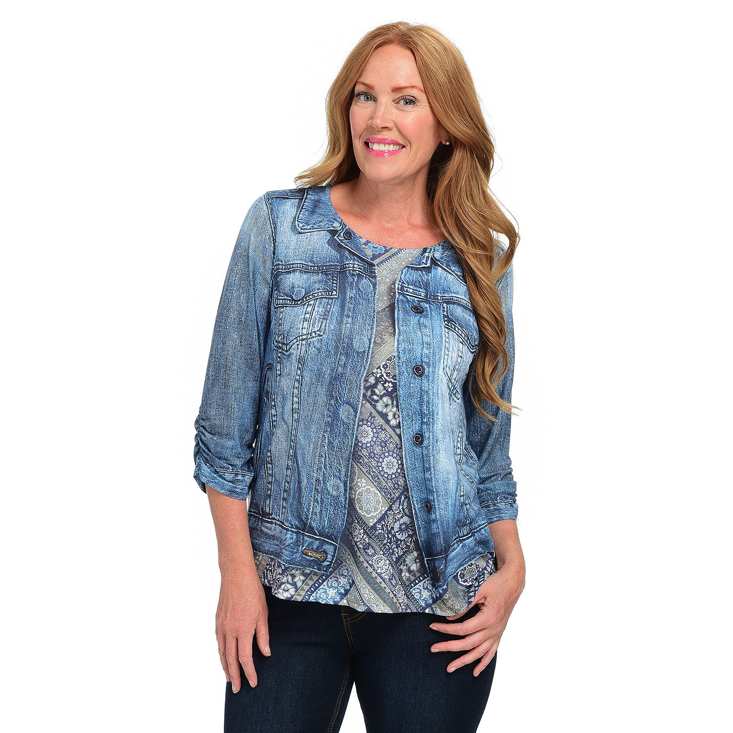 (ShopHQ) One World Stretch Knit Faux Jean Jacket Scoop Neck Top ...