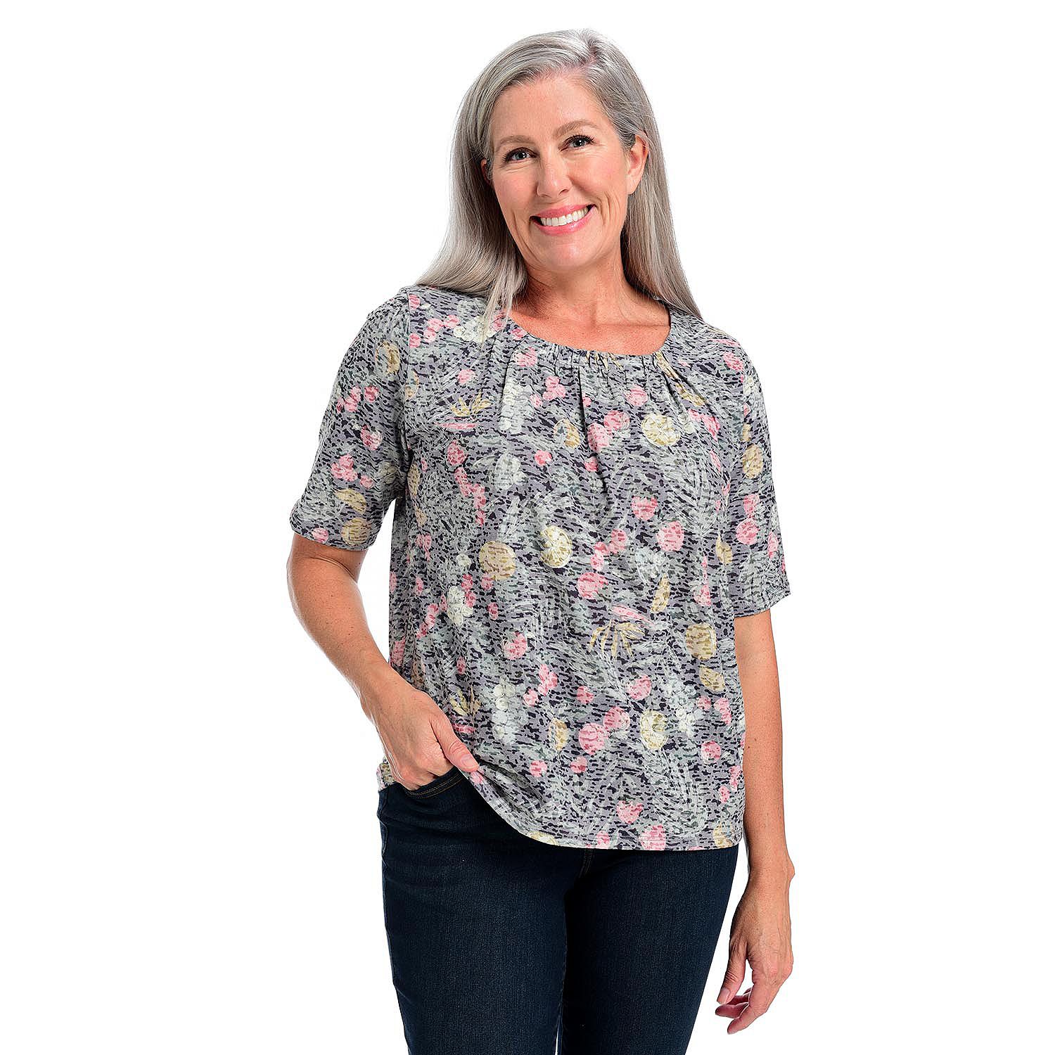 (ShopHQ) C&B Tropical Print Top OR Signature Slimming Denim Crop ...