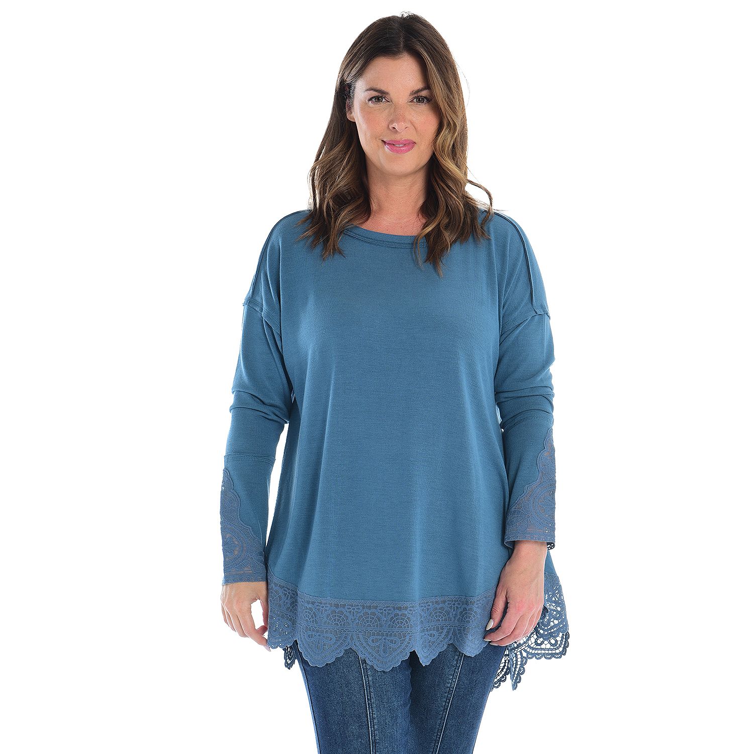 (ShopHQ) Indigo Thread Co.™ Pieced Knit Long Sleeve Crochet Trimmed Hi ...