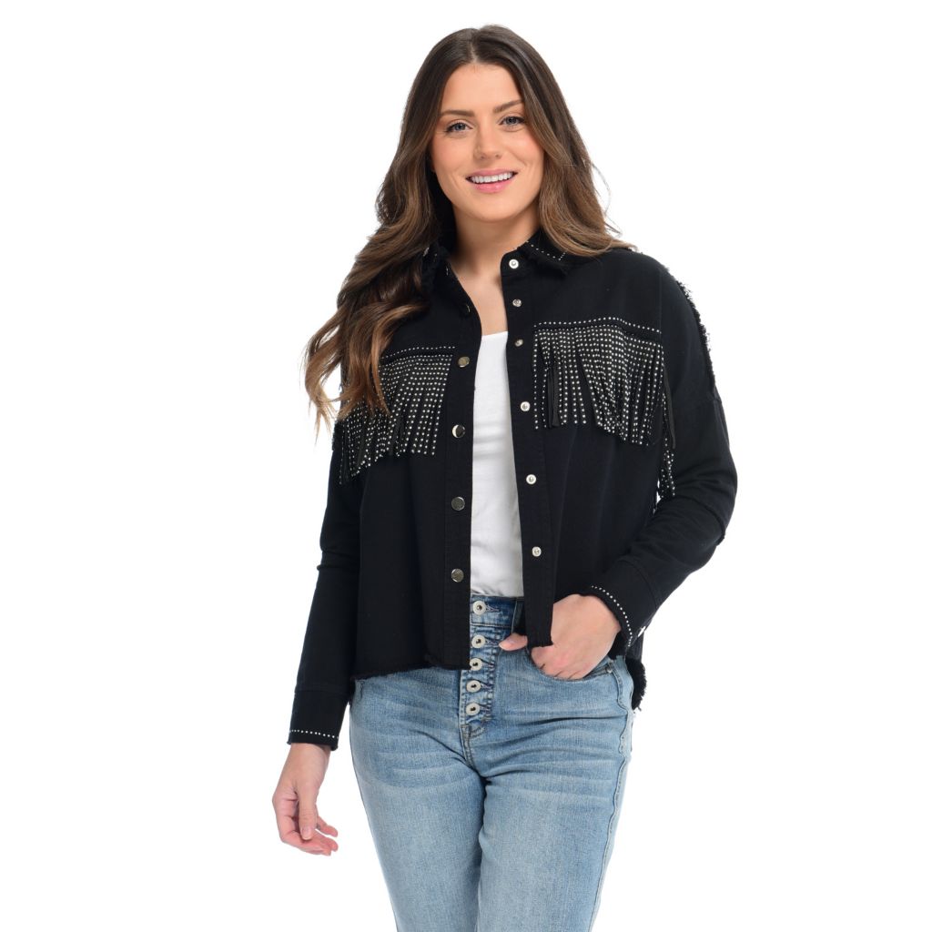 Nikki Lund Distressed Fringe Studded Shirt Jacket - ShopHQ.com